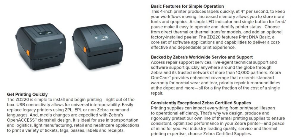 ZEBRA ZD220 DESKTOP PRINTER - LabelMark International
